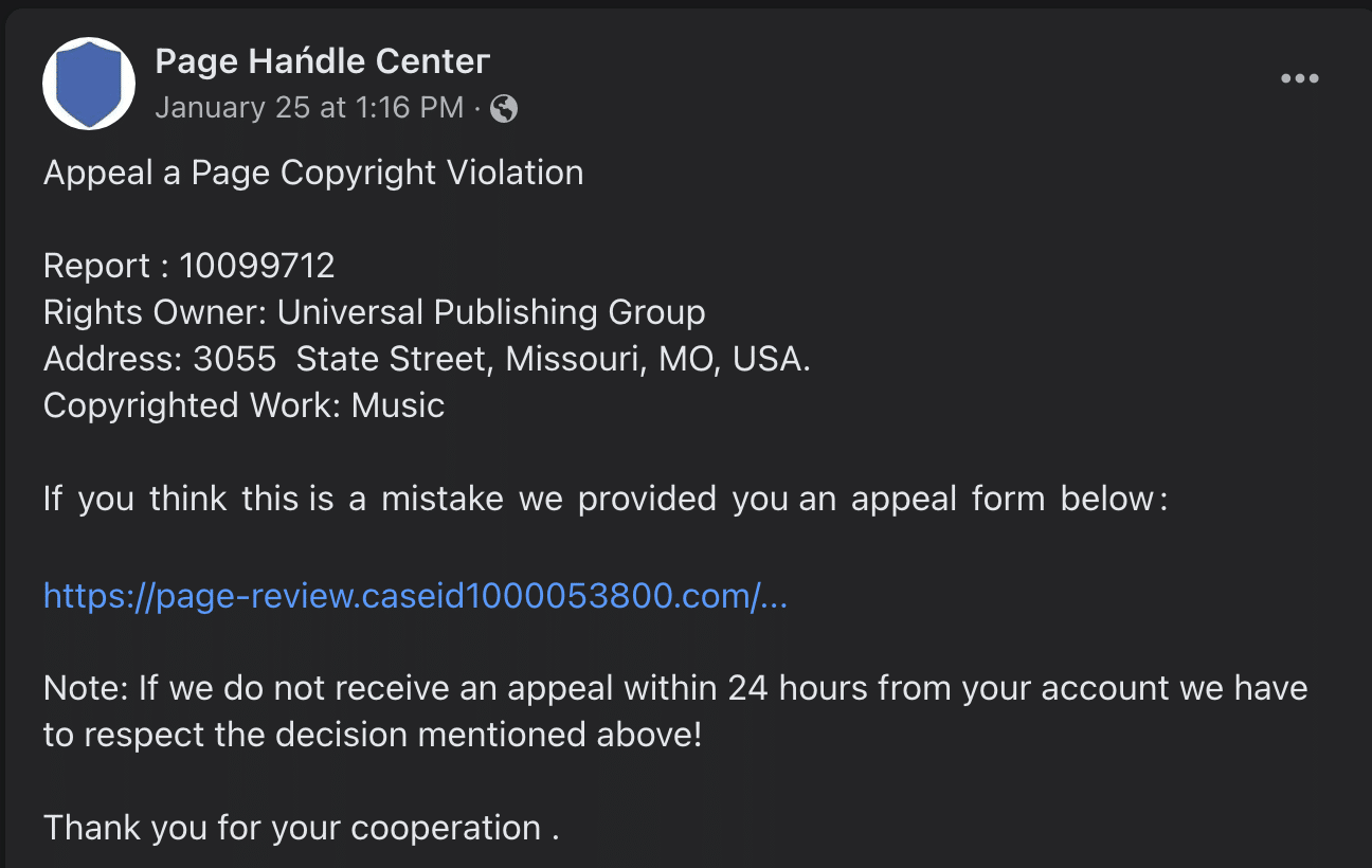 Copyright Violation Notice Scam on Facebook